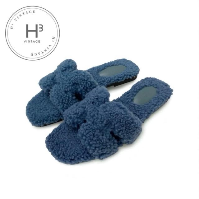 エルメス HERMES オラン サンダル 靴 シューズ ムートン ブルー フラットサンダル ミュール ボア