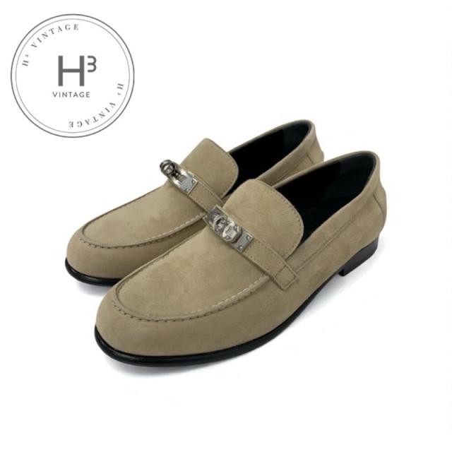 エルメス HERMES デスタン ローファー 革靴 靴 シューズ スエード ベージュ シルバー モカシン ケリー金具