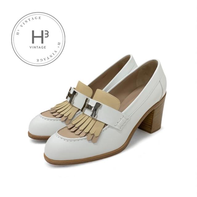 エルメス HERMES エリゼ パンプス 靴 シューズ レザー ホワイト ベージュ シルバー H金具 フリンジ ヒールローファー