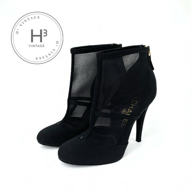 シャネル CHANEL ブーツ ショートブーツ 靴 シューズ メッシュ ファブリック ブラック 黒 ココマーク