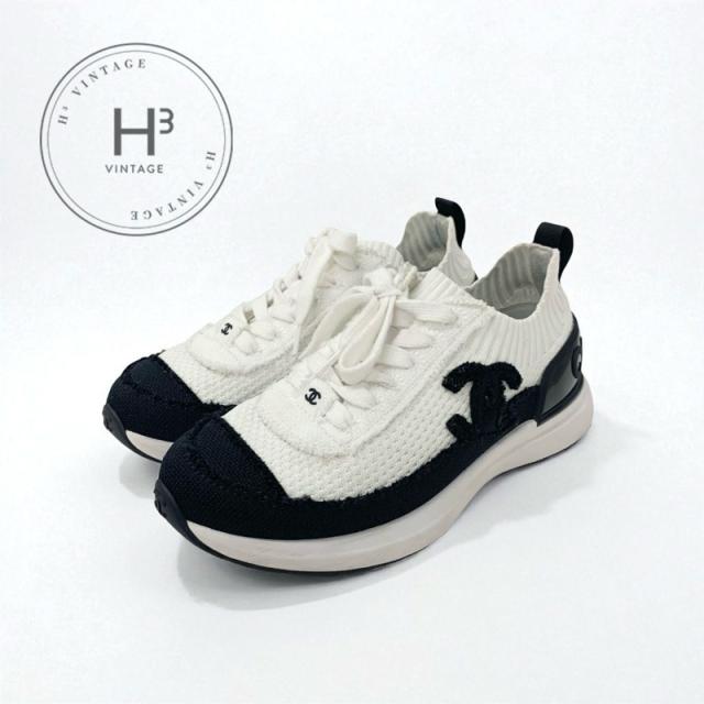 シャネル CHANEL スニーカー 靴 シューズ ニット ホワイト ブラック 白 ロゴ ココマーク