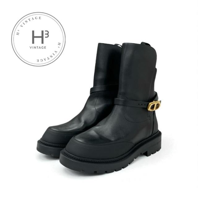 クリスチャンディオール CHRISTIAN DIOR DIOR EMPREINTE ブーツ ショートブーツ 靴 シューズ レザー ブラック 黒 ゴールド ベルト ロゴ