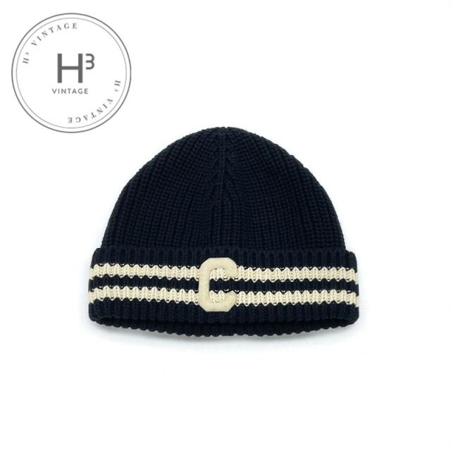 セリーヌ CELINE 帽子 コットン ネイビー アイボリー Cロゴ ニットキャップ ニット帽