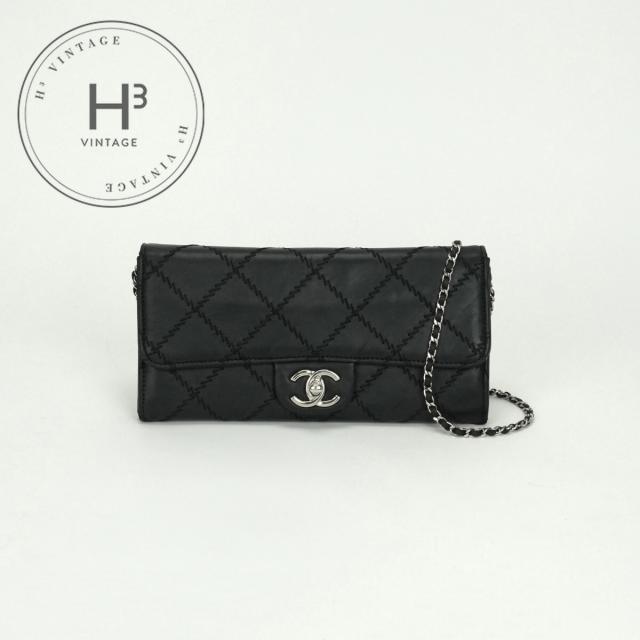 シャネル CHANEL ウルトラステッチ 財布 長財布 ロングウォレット ラムスキン ブラック Black 黒 シルバー金具 チェーンウォレット