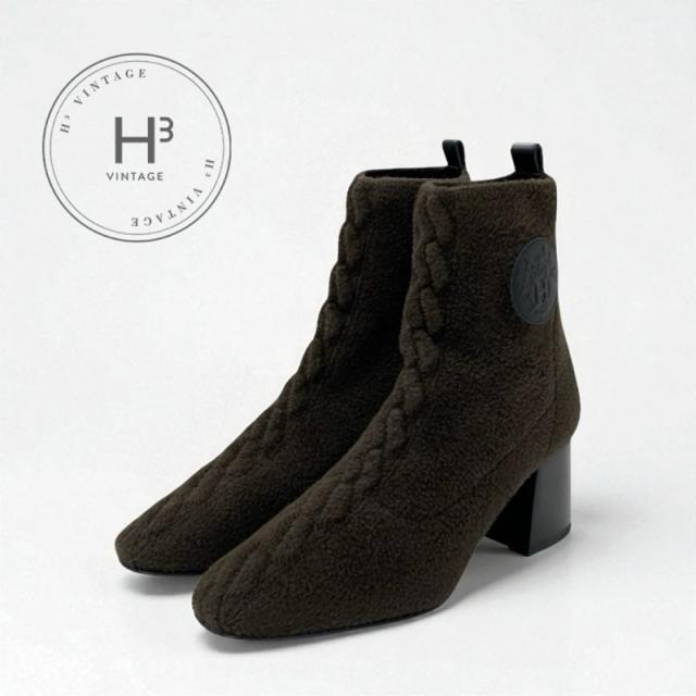 エルメス HERMES ヴォルヴェール ブーツ ショートブーツ 靴 シューズ ファブリック レザー カーキ 未使用 エクスリブリス ニット