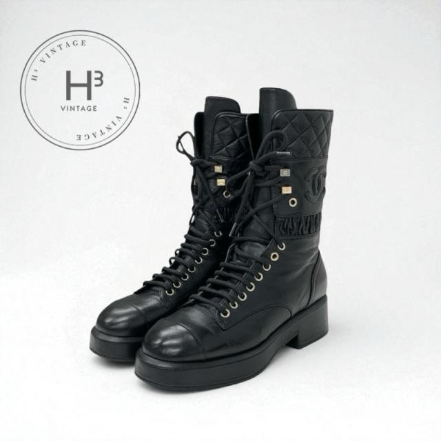 シャネル CHANEL ブーツ ショートブーツ 靴 シューズ レザー ブラック 黒 ココマーク マトラッセ レースアップ ミドルブーツ