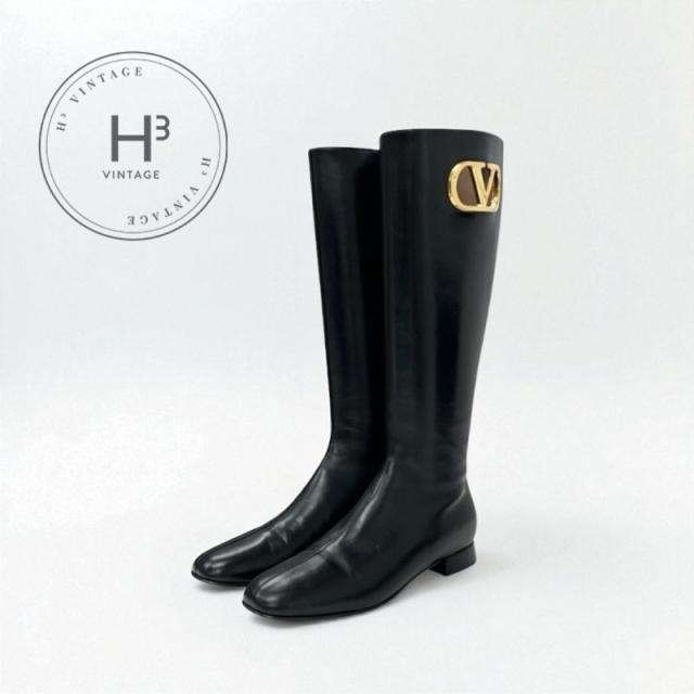 ヴァレンティノ VALENTINO ブーツ ロングブーツ 靴 シューズ レザー ブラック ゴールド Vロゴ シグネチャー キッズスキン