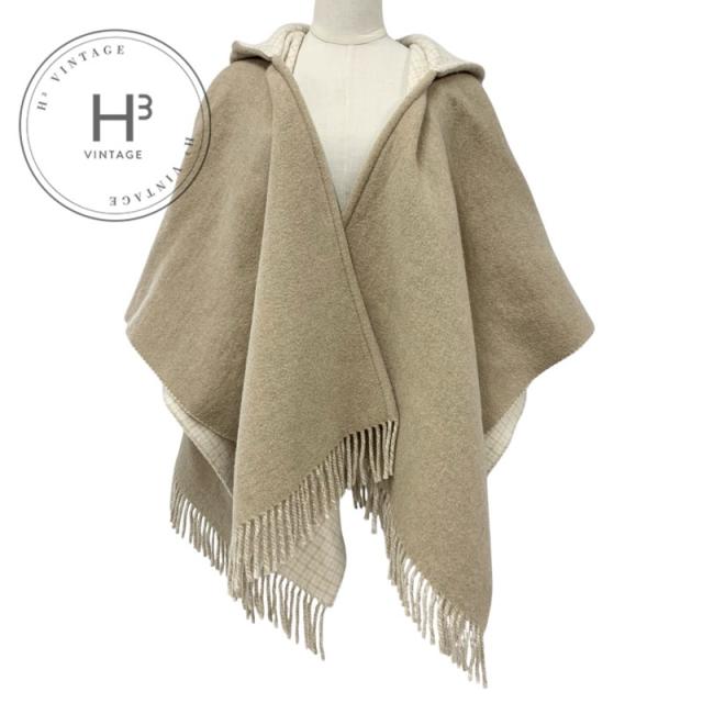 フェンディ FENDI アウター ウール ベージュ ロゴ チェック リバーシブル フード ケープ ポンチョ