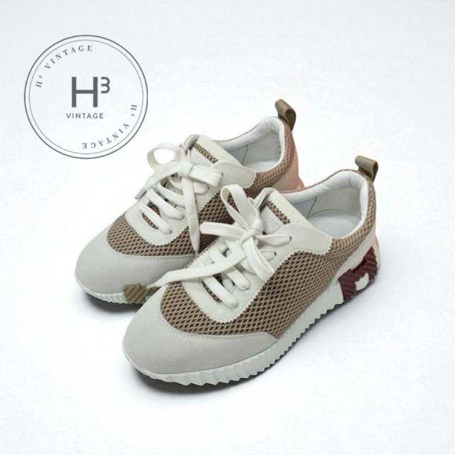 エルメス HERMES バウンシング スニーカー 靴 シューズ スエード メッシュ ベージュ ホワイト