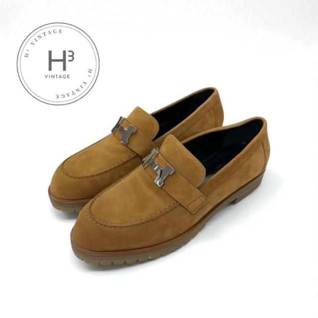 エルメス HERMES フォーブル ローファー 革靴 靴 シューズ スエード ブラウン シルバー H金具 モカシン フラットシューズ