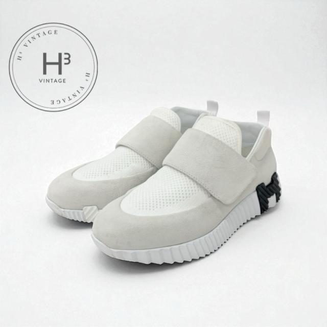 エルメス HERMES H スニーカー 靴 シューズ スエード ファブリック ホワイト 白 ベルクロ