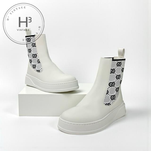 グッチ GUCCI GGスプリーム ブーツ ショートブーツ 靴 シューズ レザー ファブリック ホワイト 白 未使用 ロゴ サイドゴアブーツ