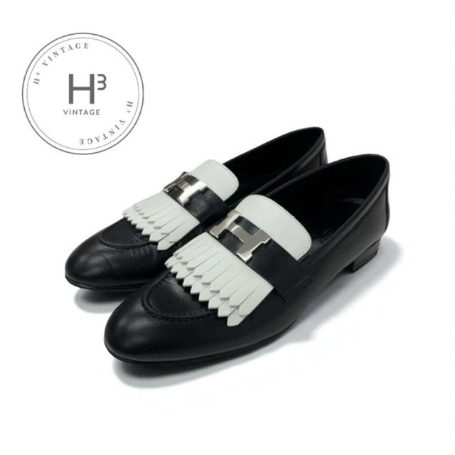 エルメス HERMES ロワイヤル ローファー 革靴 靴 シューズ レザー ブラック ホワイト 黒 H金具 フリンジ モカシン フラットシューズ