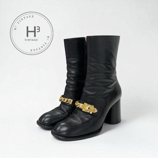グッチ GUCCI ブーツ ショートブーツ 靴 シューズ レザー ブラック ゴールド チェーンベルト