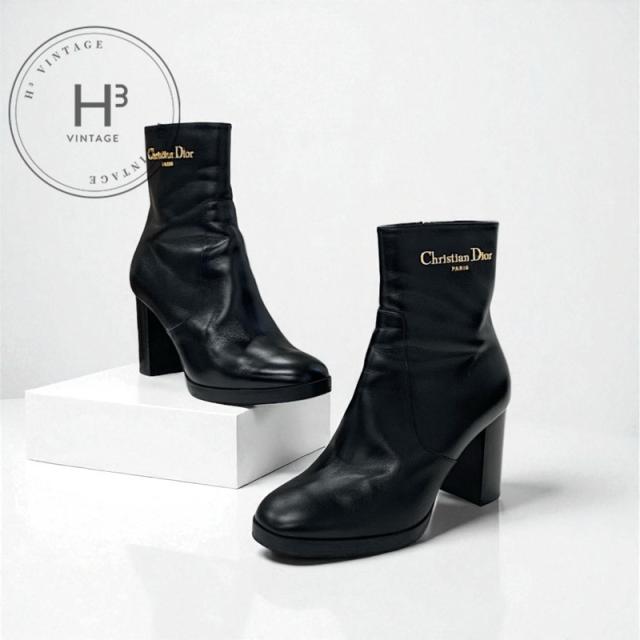 クリスチャンディオール CHRISTIAN DIOR D-Town ブーツ ショートブーツ 靴 シューズ レザー ブラック ゴールド ロゴ