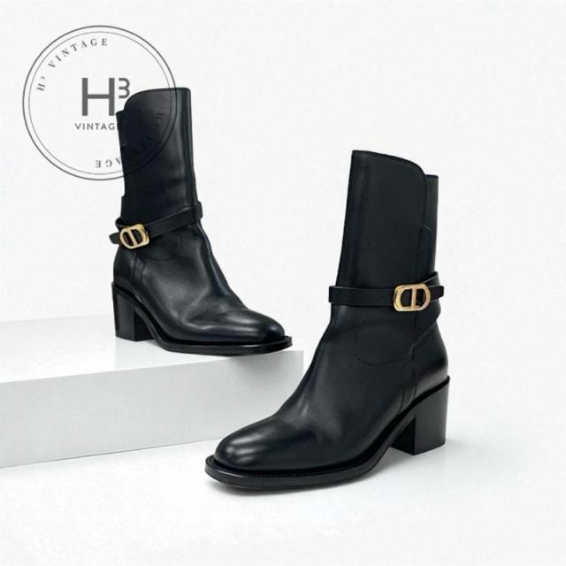 クリスチャンディオール CHRISTIAN DIOR DIOR EMPREINTE ブーツ ショートブーツ 靴 シューズ レザー ブラック 黒 ゴールド ベルト ロゴ