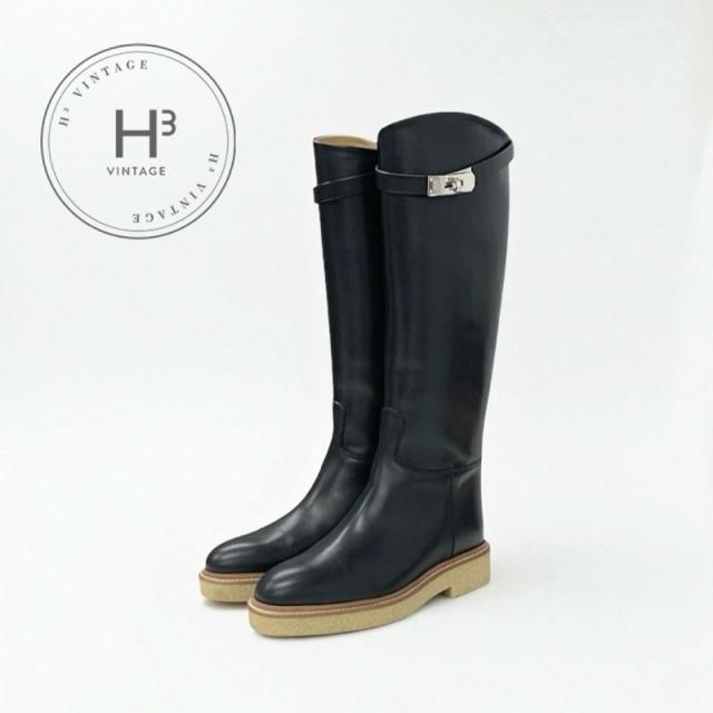 エルメス HERMES フォースティン ブーツ ロングブーツ 靴 シューズ レザー ブラック 黒 シルバー ケリー金具