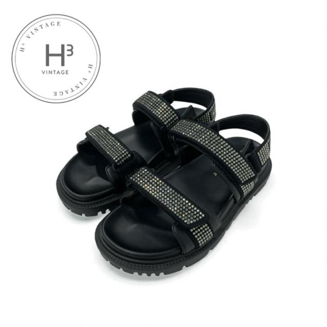 クリスチャンディオール CHRISTIAN DIOR サンダル 靴 シューズ ラムスキン ブラック 黒 ロゴ ラインストーン ベルクロストラップ