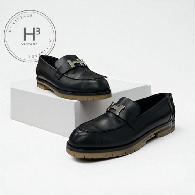 エルメス HERMES フォーブル ローファー 革靴 靴 シューズ レザー ブラック シルバー H金具 モカシン フラットシューズ