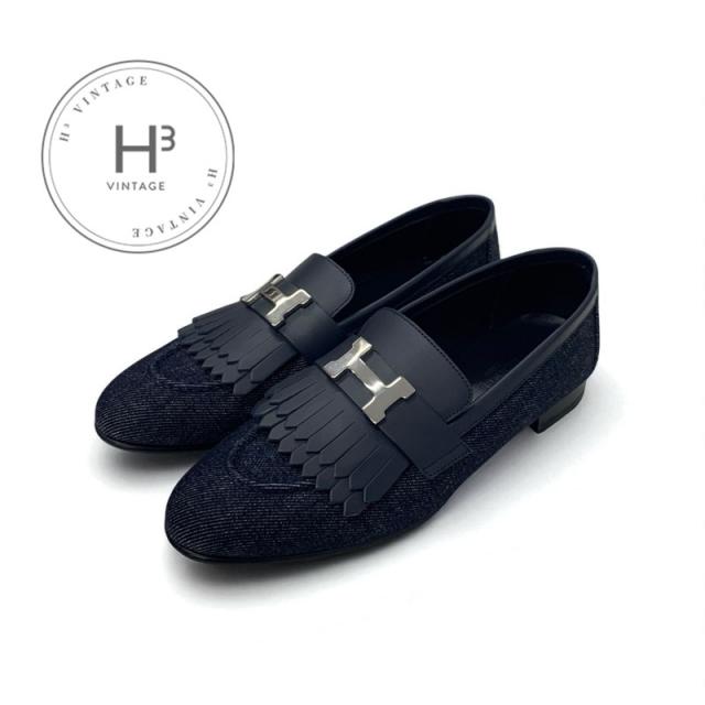 エルメス HERMES ロワイヤル ローファー 革靴 靴 シューズ デニム レザー ネイビー シルバー H金具 フリンジ モカシン