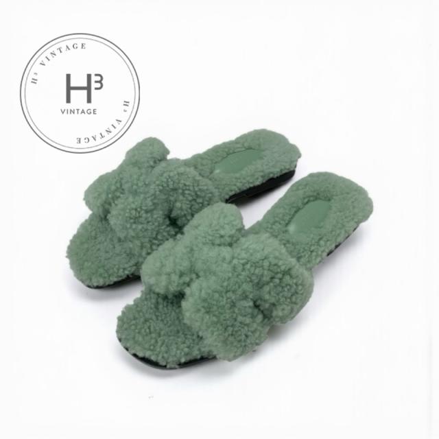 エルメス HERMES オラン サンダル 靴 シューズ ムートン グリーン フラット ミュール ボア