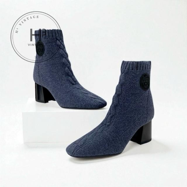 エルメス HERMES ヴォルヴェール ブーツ ショートブーツ 靴 シューズ ニット レザー ブルー ブラック エクスリブリス