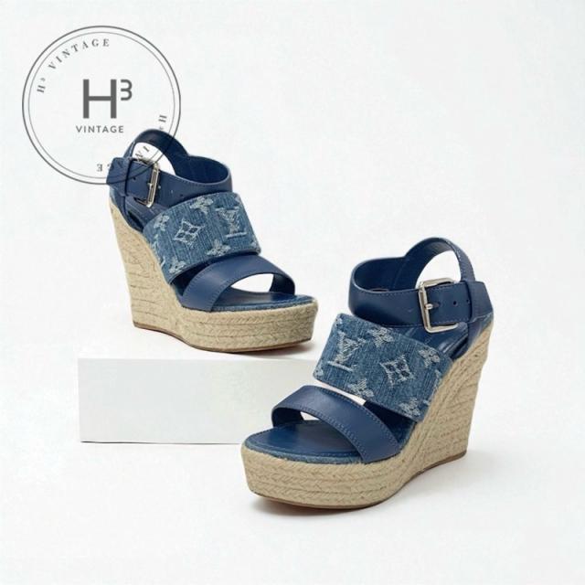 ルイヴィトン LOUIS VUITTON スターボードライン モノグラム サンダル 靴 シューズ デニム レザー ブルー ウェッジソール ストラップ