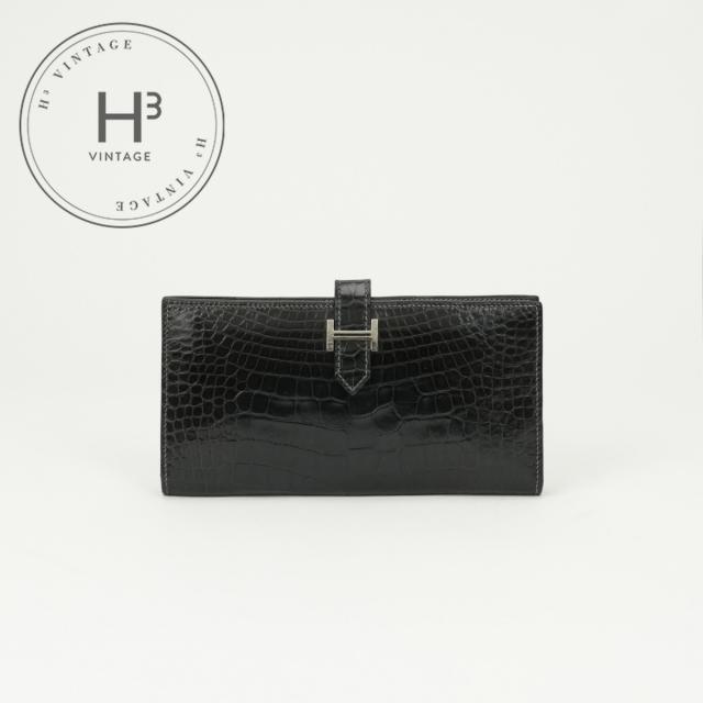エルメス HERMES ベアン 財布 長財布 ロングウォレット アリゲーター クロコダイル グラファイト Graphite グレー Gray シルバー金具
