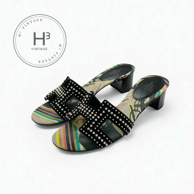 エルメス HERMES オアジス サンダル 靴 シューズ スエード ブラック マルチカラー スタッズ ミュール