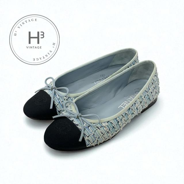 シャネル CHANEL フラットシューズ 靴 シューズ ツイード ファブリック ブルー ブラック バレエシューズ ココマーク