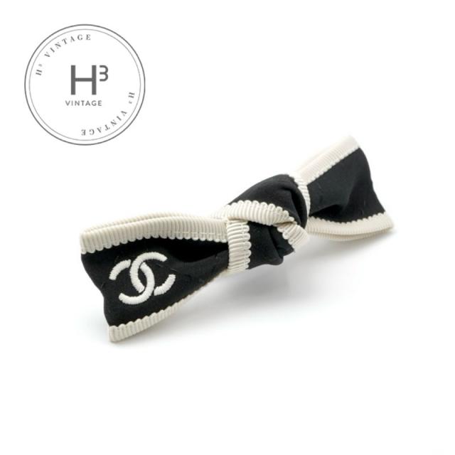 シャネル CHANEL ヘアアクセサリー ブラック アイボリー シルバー ココマーク リボン バレッタ