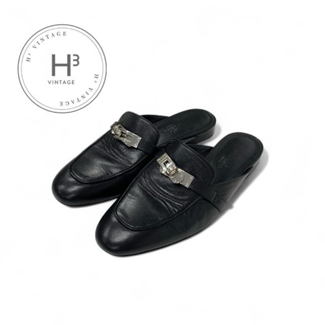 エルメス HERMES オズ フラットシューズ 靴 シューズ レザー ブラック 黒 シルバー ケリー金具 ミュール