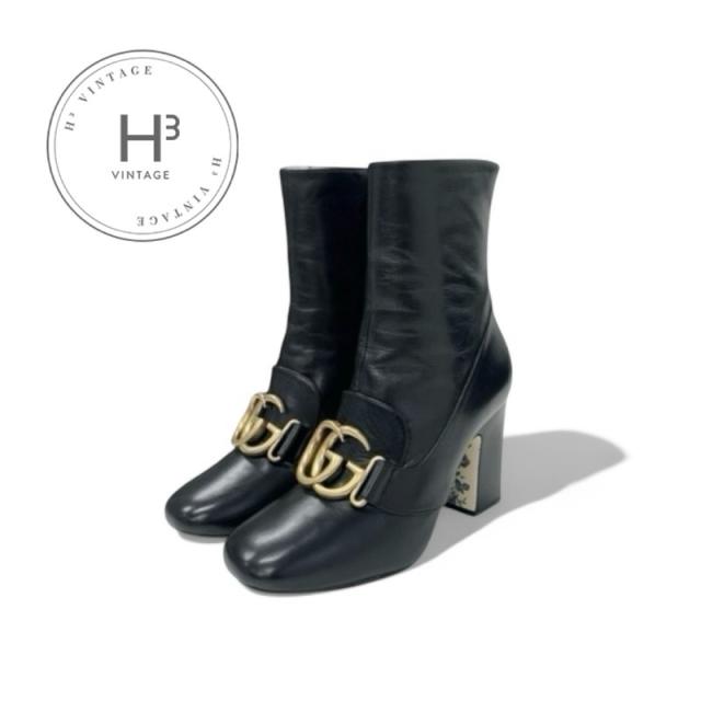 グッチ GUCCI ブーツ ショートブーツ 靴 シューズ レザー ブラック ゴールド ロゴ ダブルG