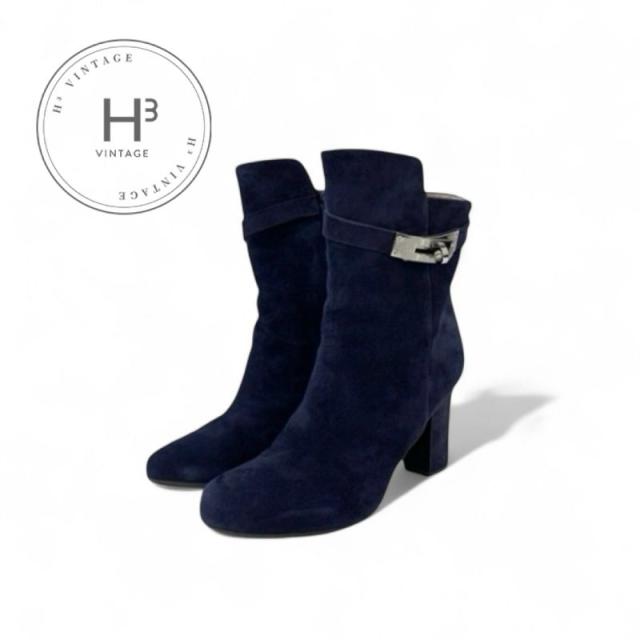 エルメス HERMES ジュウーズ ブーツ ショートブーツ 靴 シューズ スエード ネイビー シルバー ケリー金具