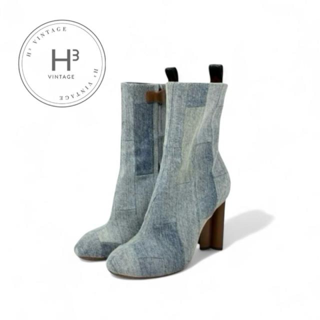 ルイヴィトン LOUIS VUITTON シルエットライン ブーツ ショートブーツ 靴 シューズ デニム ライトブルー ブラウン アンクルブーツ