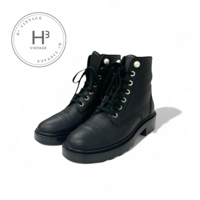 シャネル CHANEL ブーツ ショートブーツ 靴 シューズ レザー ブラック 黒 ココマーク パール レースアップ