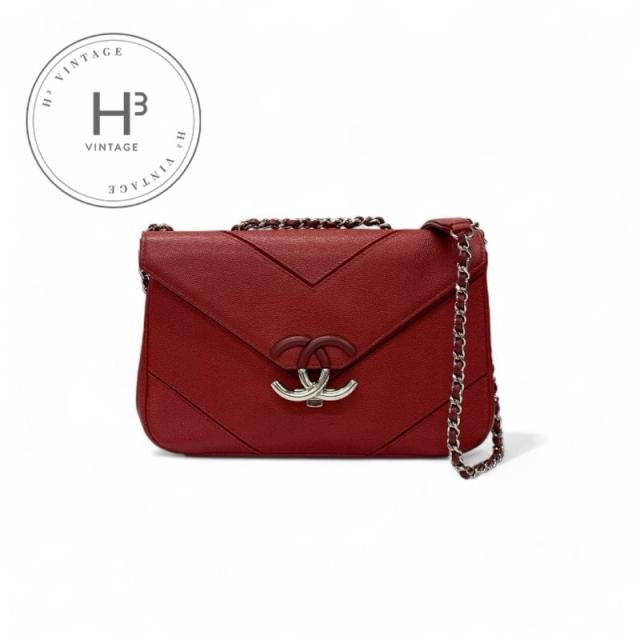 シャネル CHANEL バッグ ショルダーバッグ レッド シルバー Vステッチ ココマーク ダブルチェーン