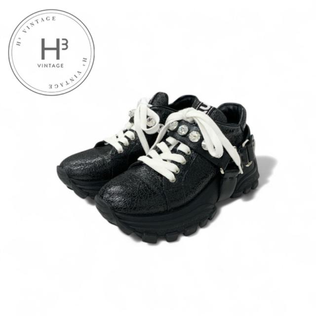 ミュウミュウ MIUMIU スニーカー 靴 シューズ レザー ブラック ロゴ ビジュー クリスタルストラップ