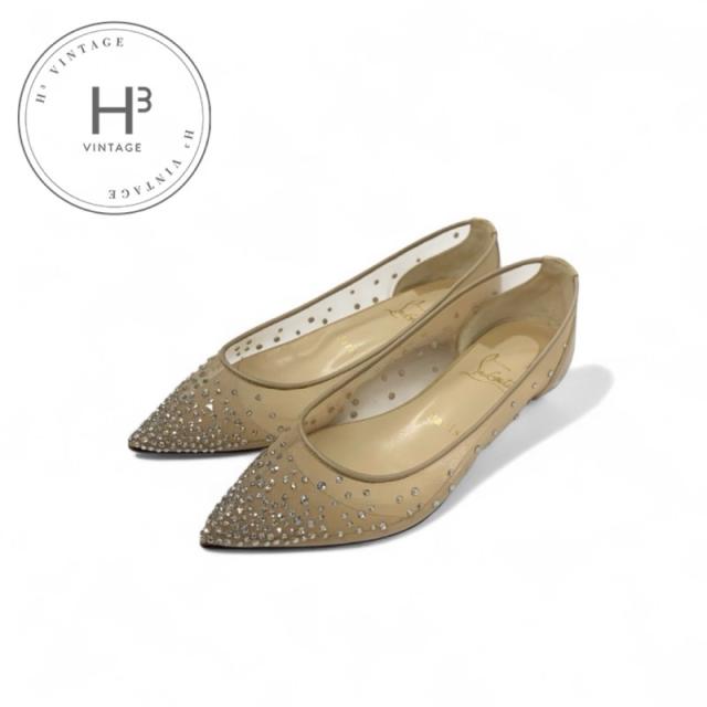 クリスチャンルブタン Christian Louboutin フラットシューズ 靴 シューズ メッシュ パテント ベージュ ラインストーン