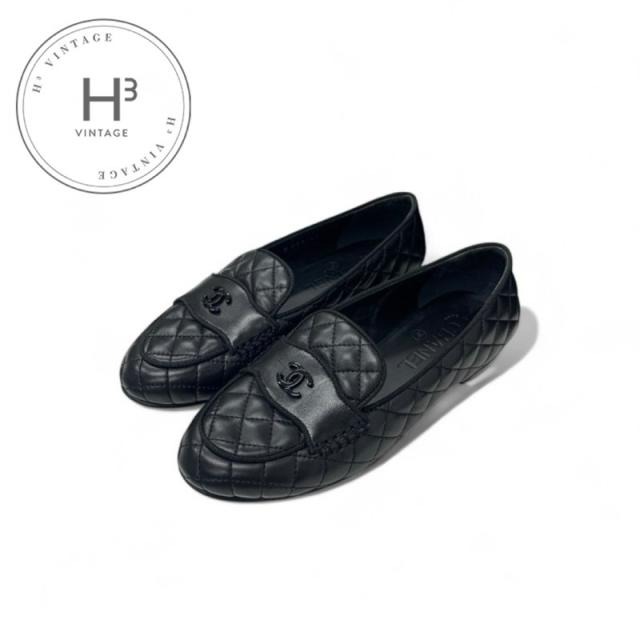 シャネル CHANEL フラットシューズ 靴 シューズ レザー ブラック マトラッセ ココマーク ローファー