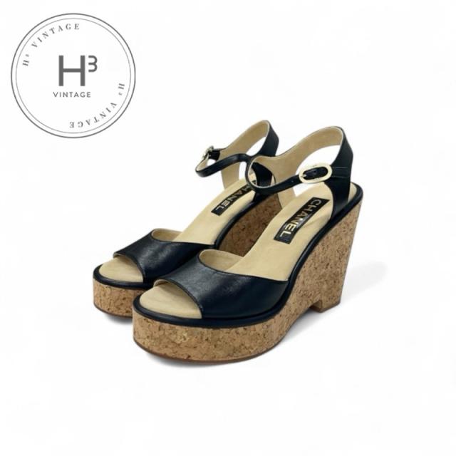 シャネル CHANEL サンダル 靴 シューズ レザー コルク ブラック ブラウン ココマーク ウェッジソール ストラップ