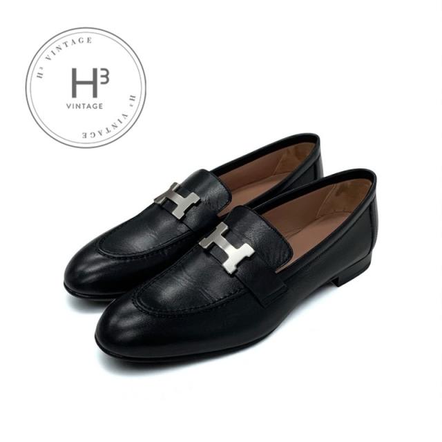 エルメス HERMES パリ ローファー 革靴 靴 シューズ レザー ブラック 黒 シルバー H金具 モカシン