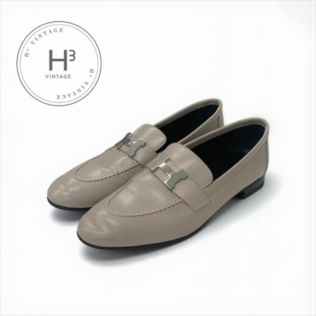 エルメス HERMES パリ ローファー 革靴 靴 シューズ レザー グレージュ シルバー モカシン H金具