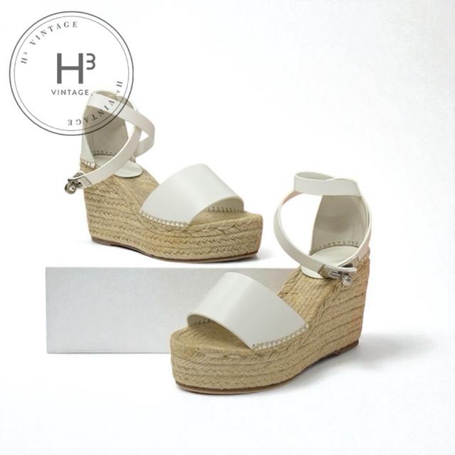 エルメス HERMES ティポリ サンダル 靴 シューズ レザー ホワイト 白 シルバー ストラップ ケリー金具 ウェッジソール