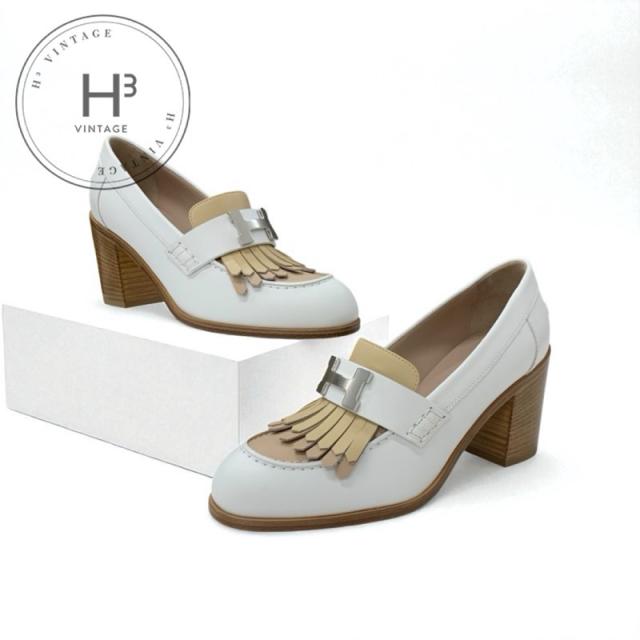 エルメス HERMES エリゼ パンプス 靴 シューズ レザー ホワイト ベージュ シルバー H金具 フリンジ ヒールローファー