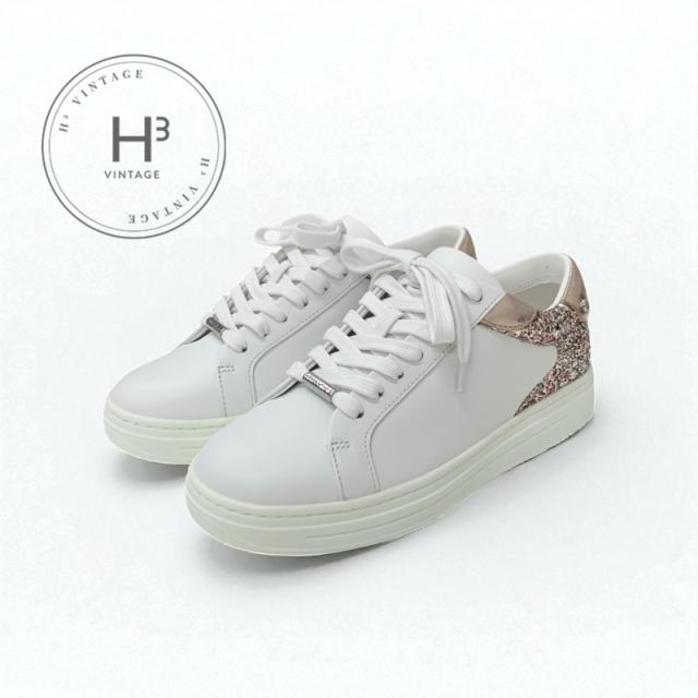 ジミーチュウ JIMMY CHOO ROME/F スニーカー 靴 シューズ レザー ホワイト ピンクゴールド 未使用 ロゴ グリッター ローカット