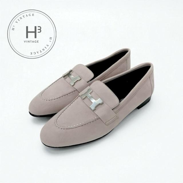 エルメス HERMES パリ ローファー 革靴 靴 シューズ スエード ピンク シルバー 未使用 H金具 コンスタンス モカシン