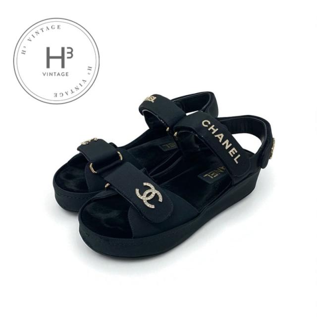 シャネル CHANEL サンダル 靴 シューズ ファブリック ベロア ブラック ゴールド ラインストーン ココマーク ロゴ ベルクロ