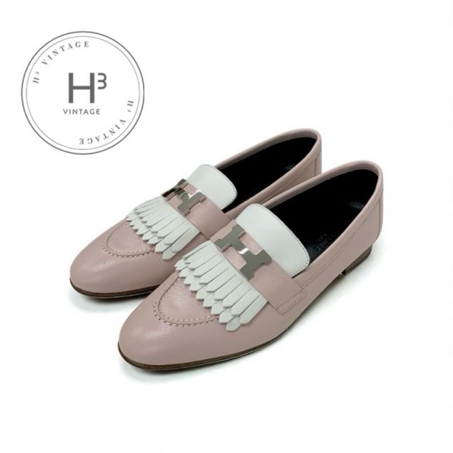 エルメス HERMES ロワイヤル ローファー 革靴 靴 シューズ レザー ピンク ホワイト シルバー H金具 フリンジ モカシン