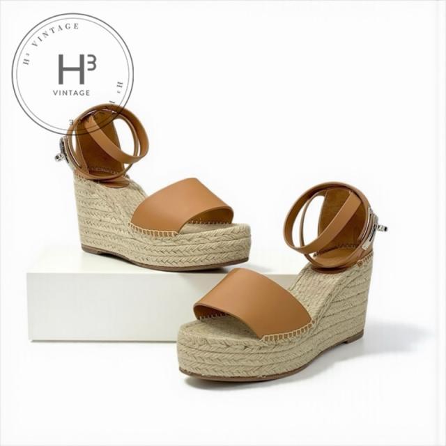 エルメス HERMES ティポリ サンダル 靴 シューズ レザー ブラウン シルバー ケリー金具 ウェッジソール エスパドリーユ ストラップ